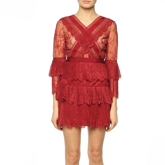 Self-Portrait | Dresses | Selfportrait Burgundy Red Lace Ruffle Dress ...